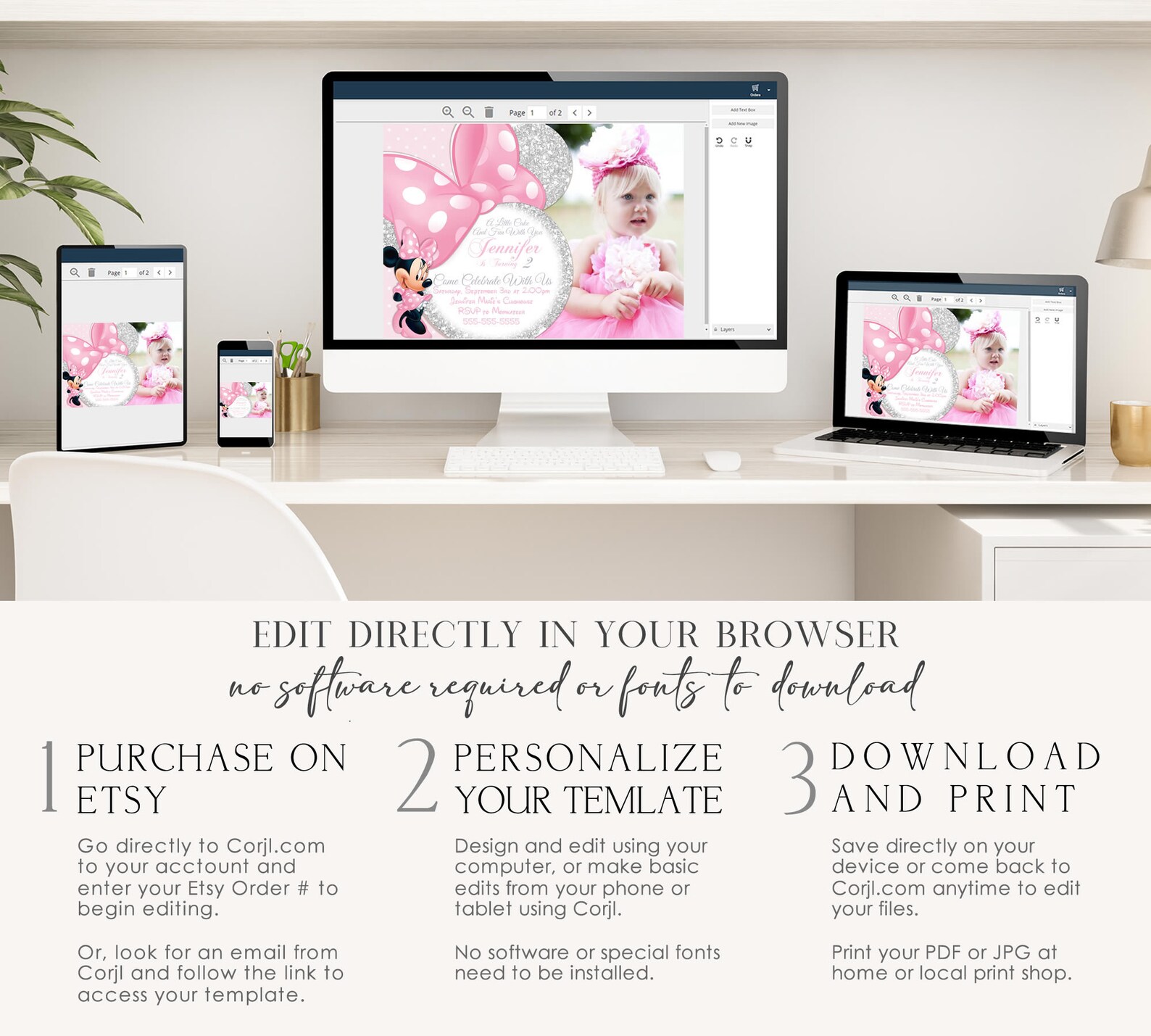 EDITABLE Minnie Mouse Invitations Light Pink and Silver - Etsy