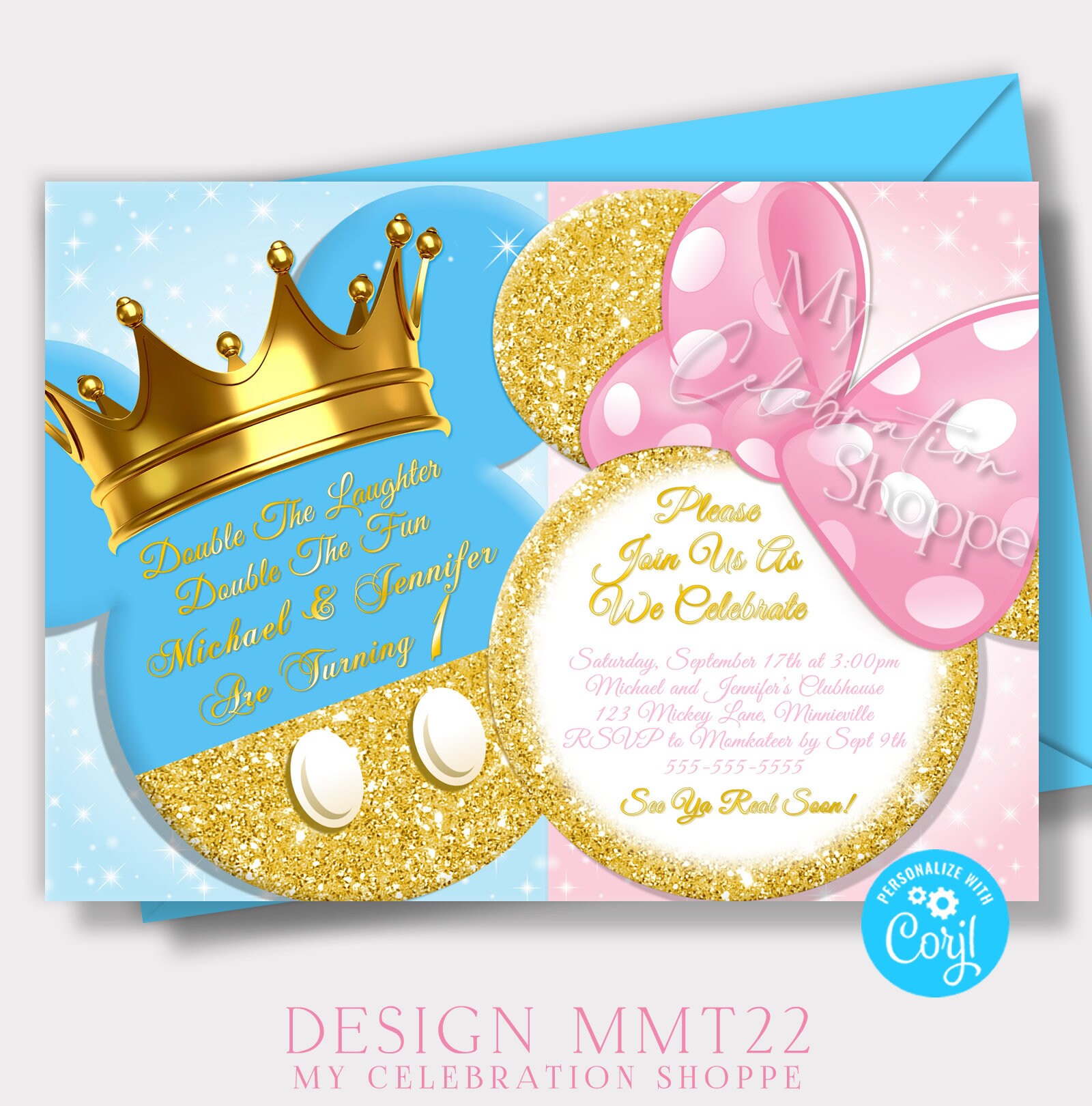 Mickey And Minnie Mouse Photo Personalized Invitations For Twins Twin