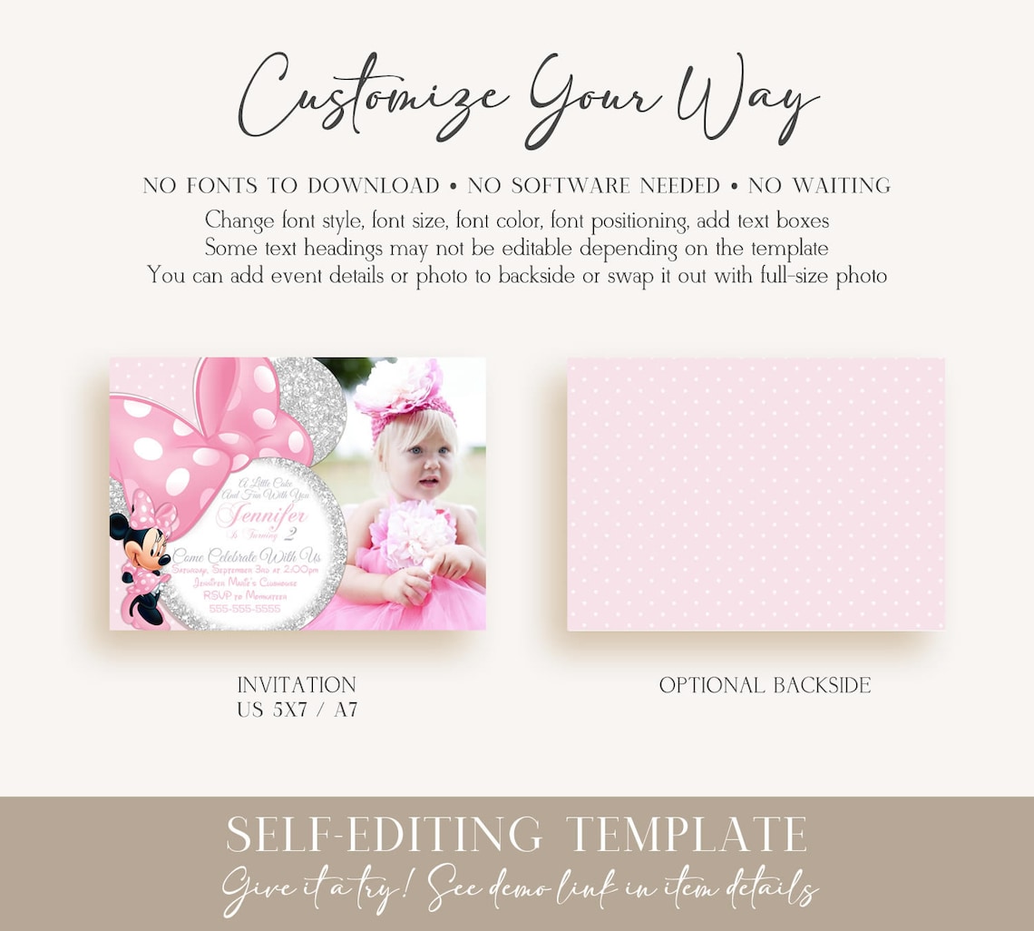 EDITABLE Minnie Mouse Invitations Light Pink and Silver - Etsy
