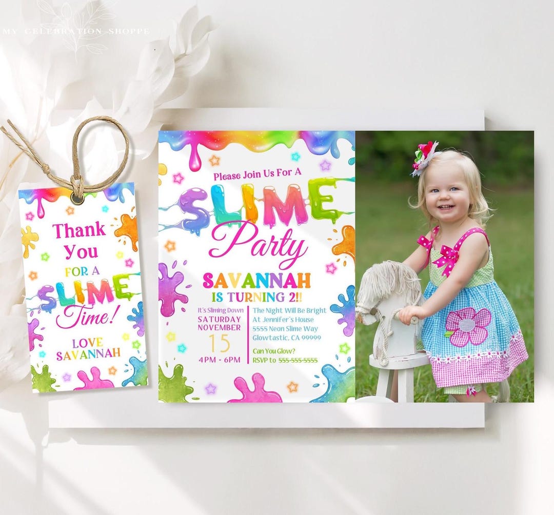 Editable Slime Invitation Glow Slime Party Photo Invitation Template ...