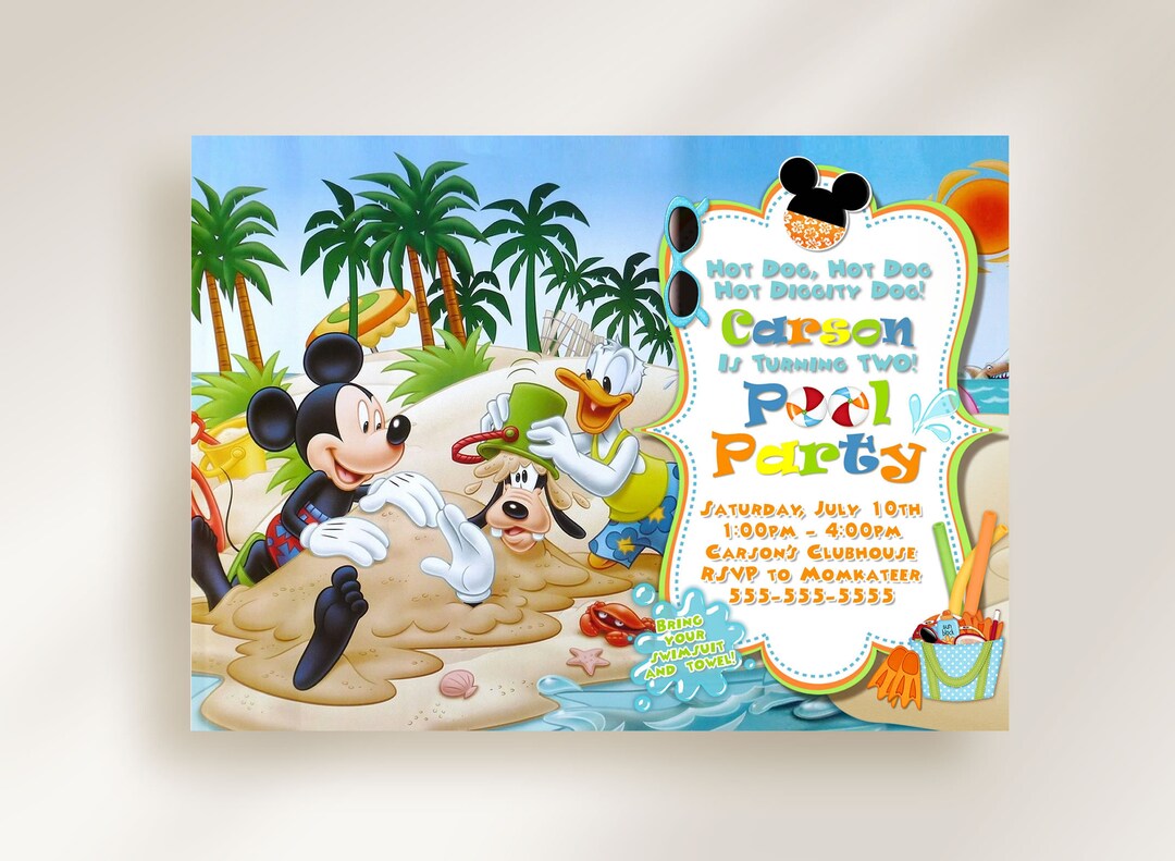 Mickey Mouse Pool Party Invitation Mickey Mouse Beach Invitation Mickey ...