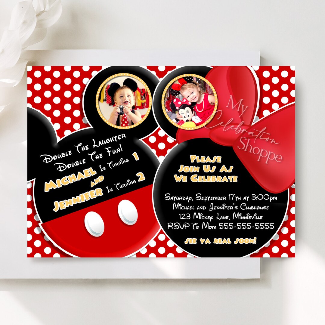 Mickey & Minnie Mouse Twins Photo Invitation Template Editable Mickey ...