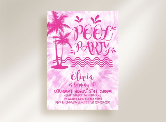 Tropical Pool Party Invitation Template Girls Pink Tie Dye - Etsy
