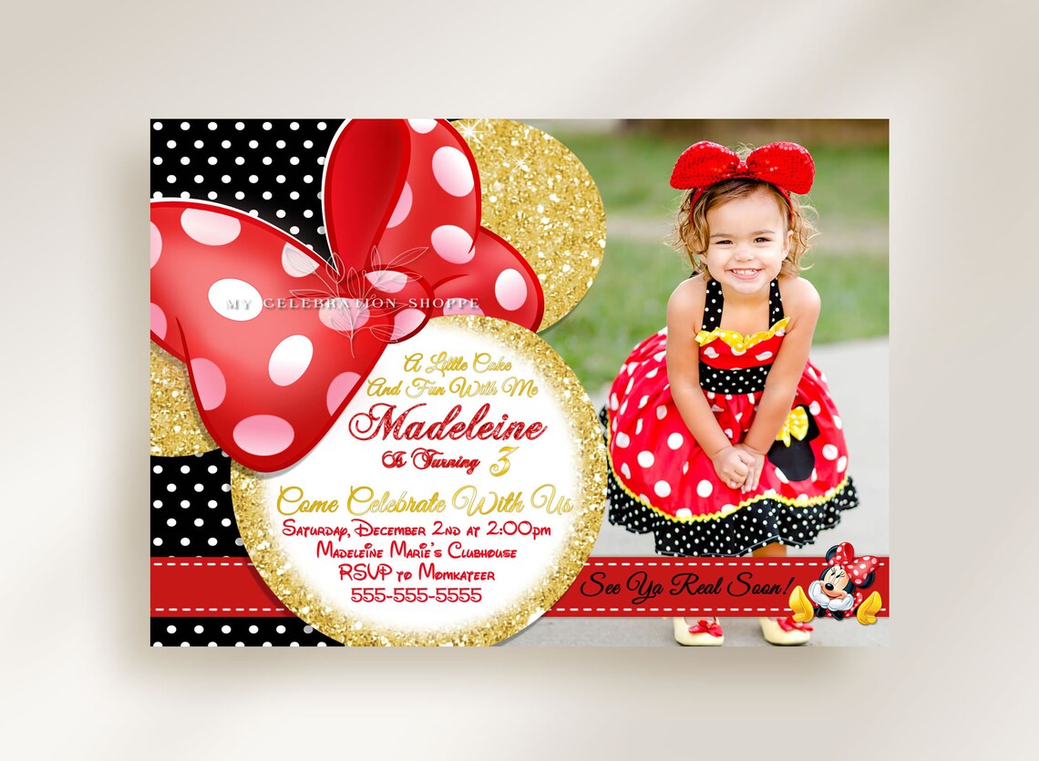 EDITABLE Red Minnie Mouse Birthday Photo Invitation Template - Etsy