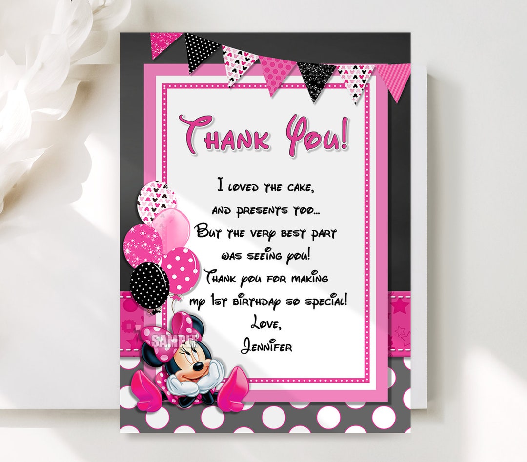 Pink Minnie Mouse Thank You Card Template Printable Minnie Mouse Thank ...