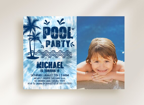Tropical Pool Party Photo Invitation Template Boys Tie Dye - Etsy
