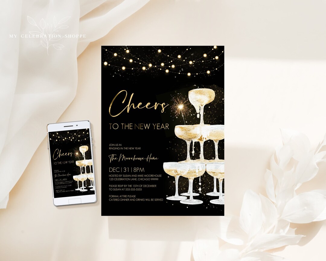 New Years Eve Party Invitation, NYE Party Invitation Template, Black ...