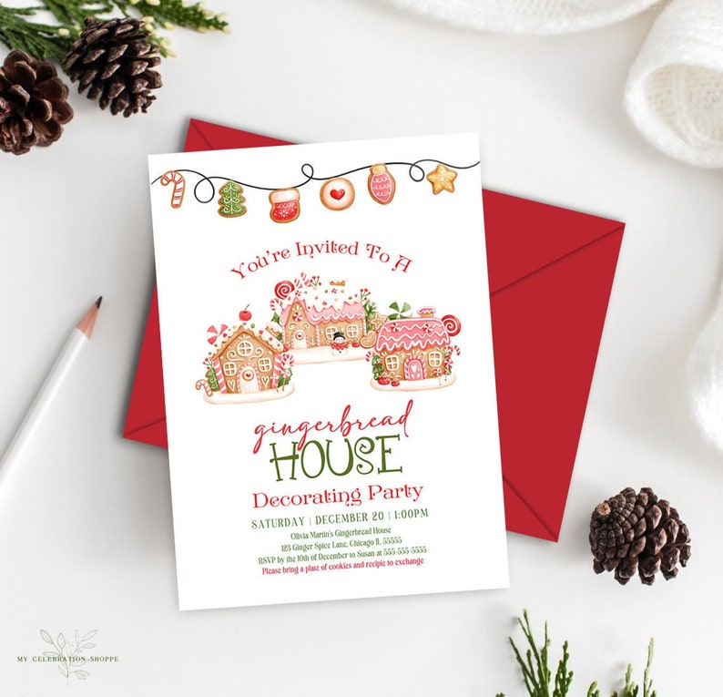 EDITABLE Gingerbread House Decorating Party Invitation Pink - Etsy
