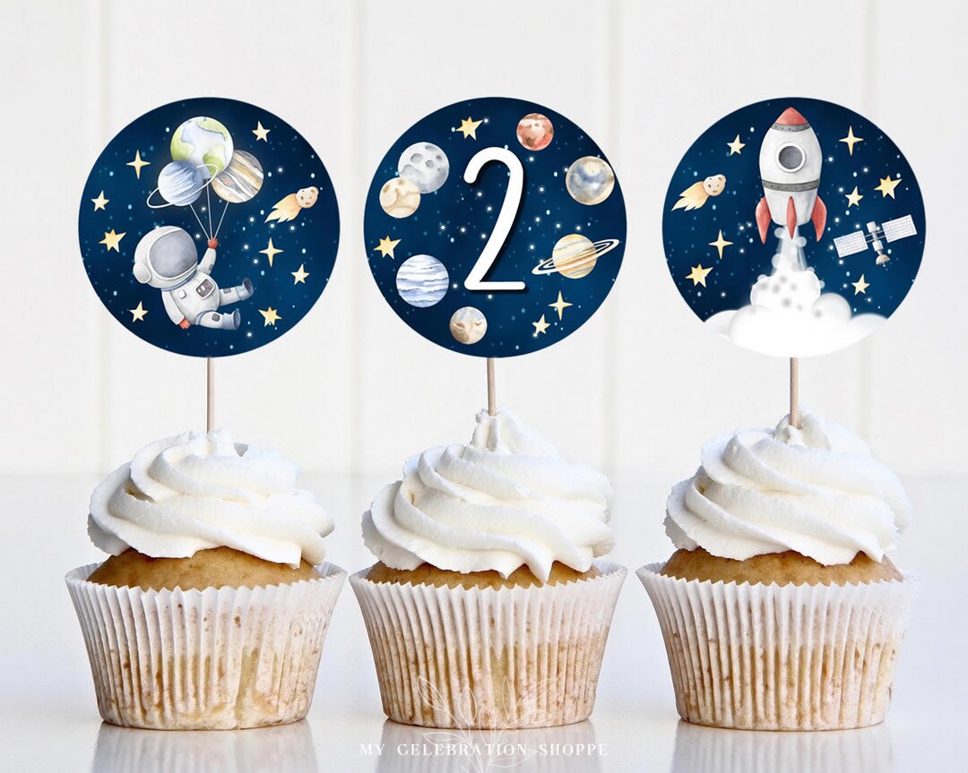 Outer Space Birthday Cupcake Toppers Second Trip Around the Sun Favor ...
