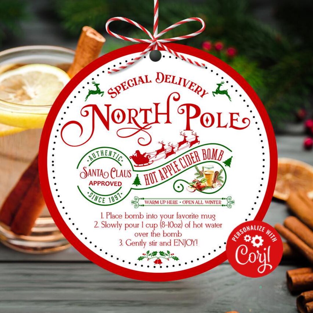EDITABLE Apple Cider Bomb Tag, Printable Christmas North Pole Hot Apple ...