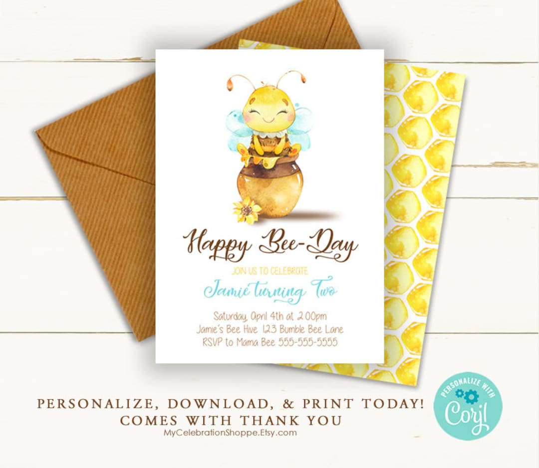 EDITABLE Bee Birthday Invitation, Bee-day Birthday Invitation, Honey ...