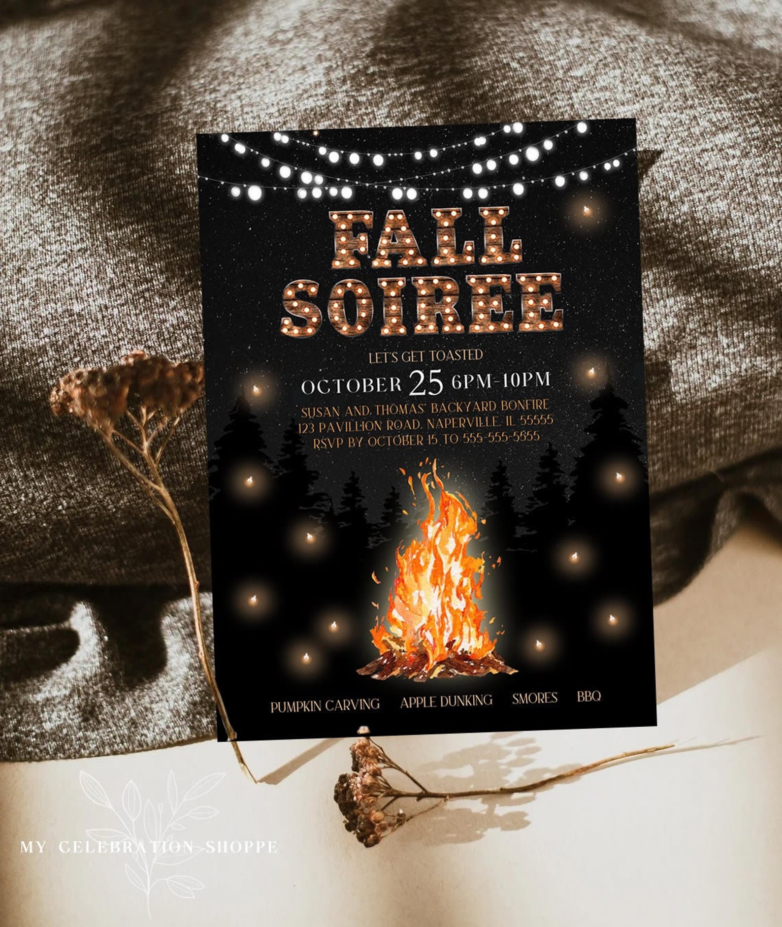 Fall Soiree Bonfire Invitation, Fall Harvest Party Invite, Backyard ...
