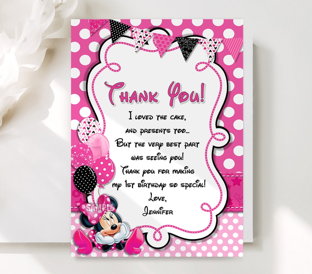 Pink Minnie Mouse Thank You Card Template Printable Minnie Mouse Thank ...