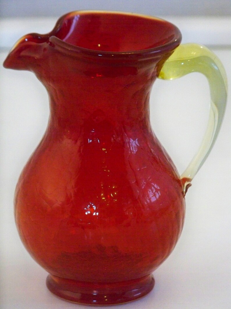 Blenko Vintage Ruby Red Hand Blown Crackle Glass Pitcher W/applied ...