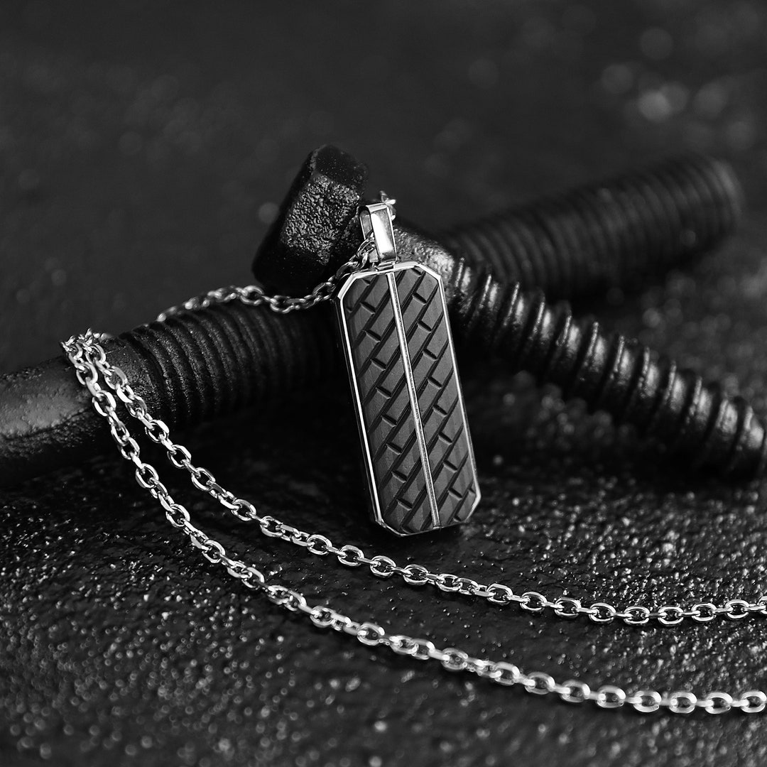 Tread Carbon Fiber Tag Necklace - Men's Necklace - Black Carbon Pendant ...