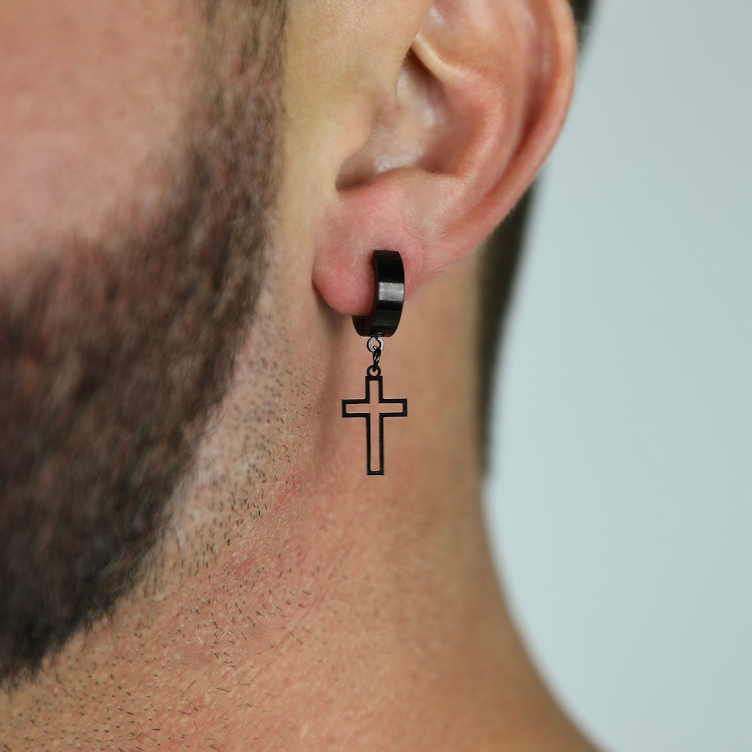 Men's Earring - Cross Outline Earring - Stainless Steel Earrings for ...