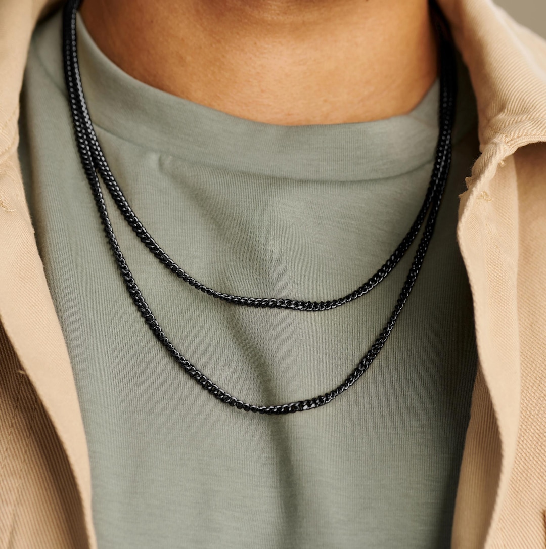 Men's Necklace - Double Layered Cuban Chain Necklace - 3mm - Masculine ...