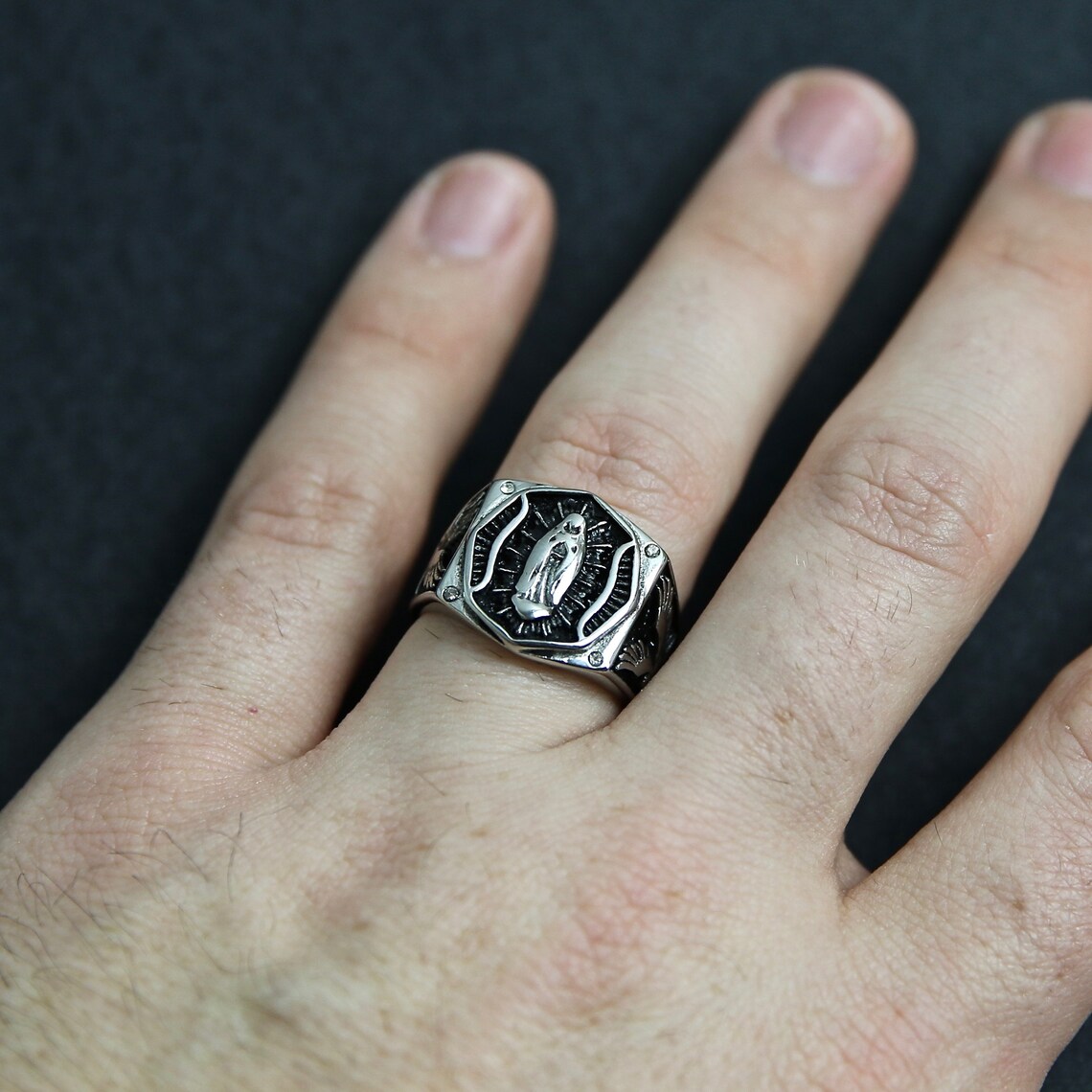 Virgin Mary Ring in Silver - Men's Ring - Men's Band - Stainless Steel ...