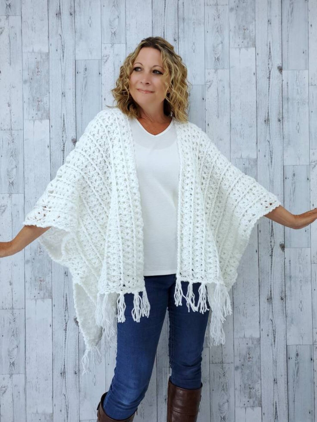 Shimmery White Ruana Crochet Poncho for Women, Chunky Cable Knit ...