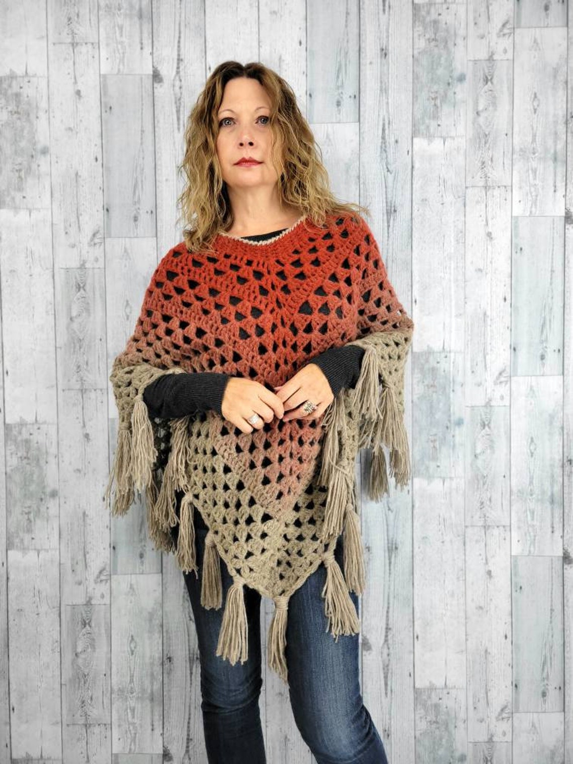 Red and Brown Crochet Poncho for Women/ Pretty Hippie Poncho Shawl With ...