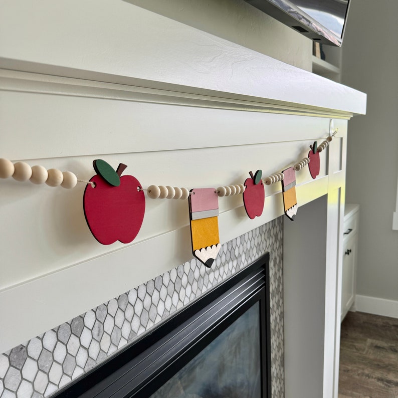 Back to School Garland / Apple and Pencil School Garland / Pencil Wood ...