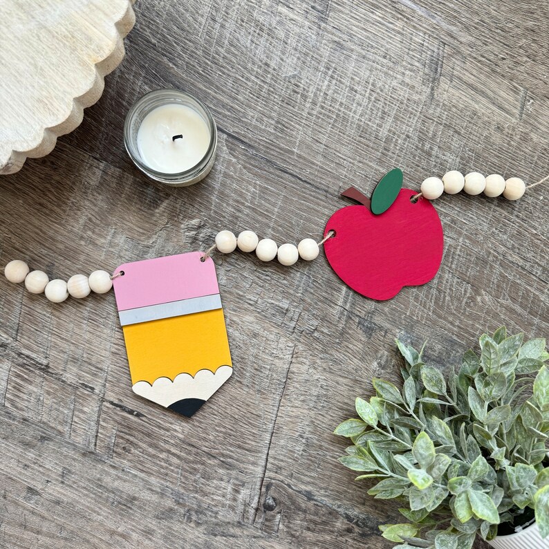 Back to School Garland / Apple and Pencil School Garland / Pencil Wood ...