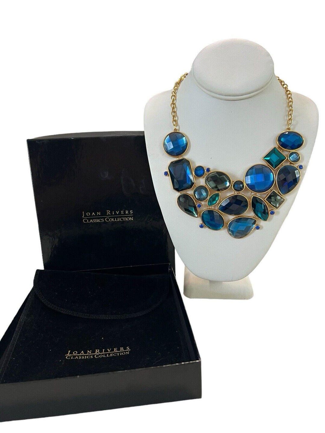 Vintage Signed Joan Rivers Blue Rhinestone Bib Necklace With Pouch and ...