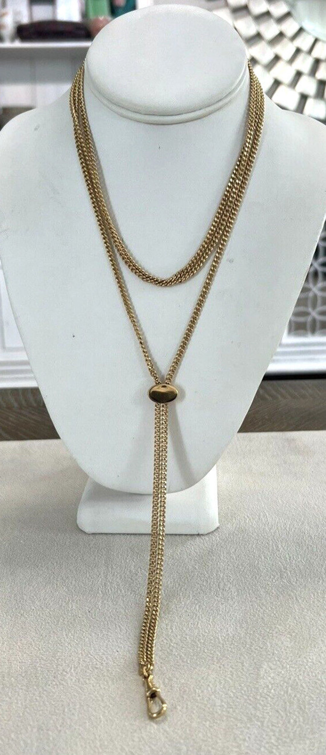 Vintage Signed Monet Gold Tone Long Watch Chain Necklace Charm Holder ...