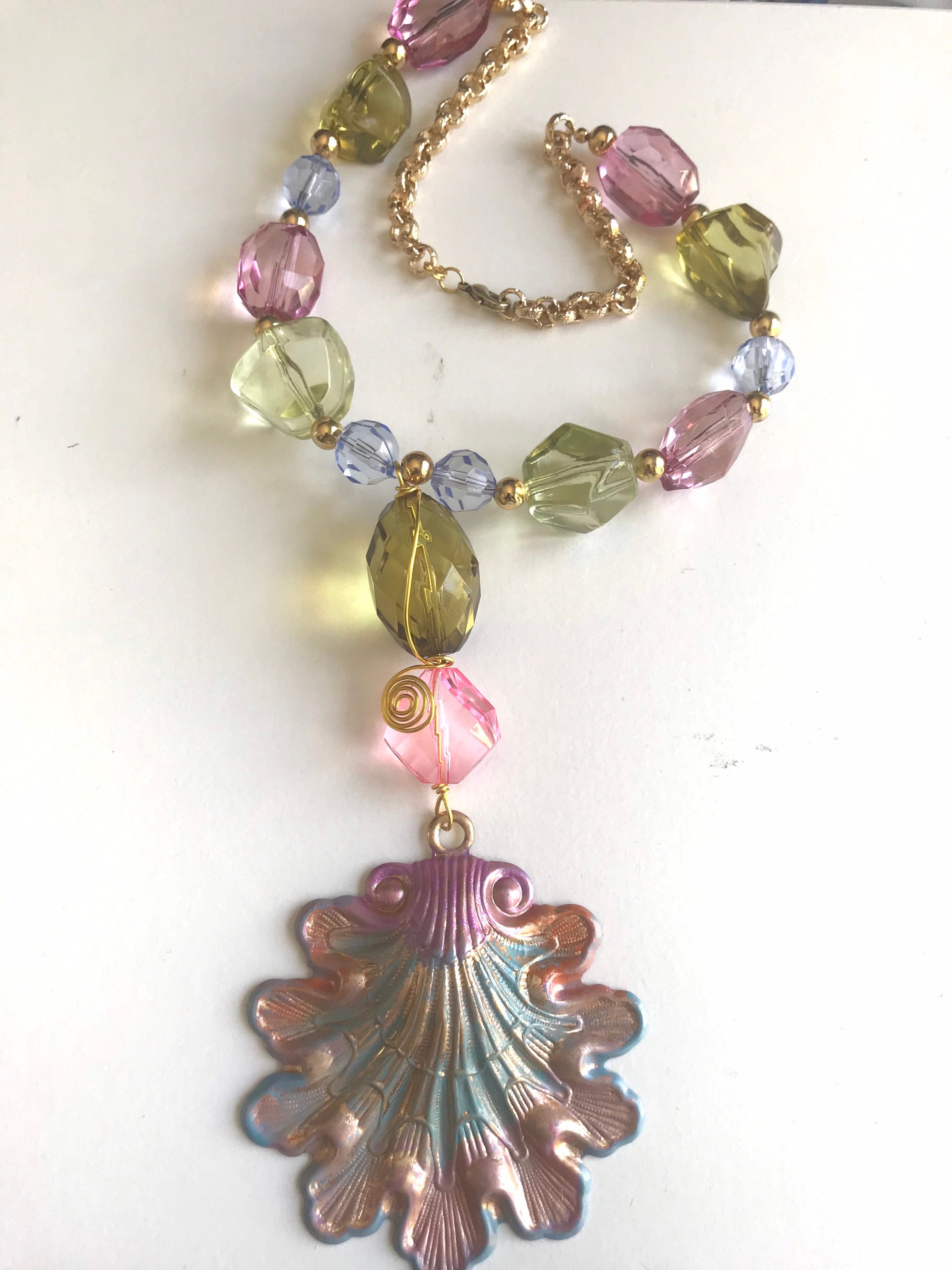 Chunky Pastel Seashell Statement Necklace Green Pink and Blue - Etsy