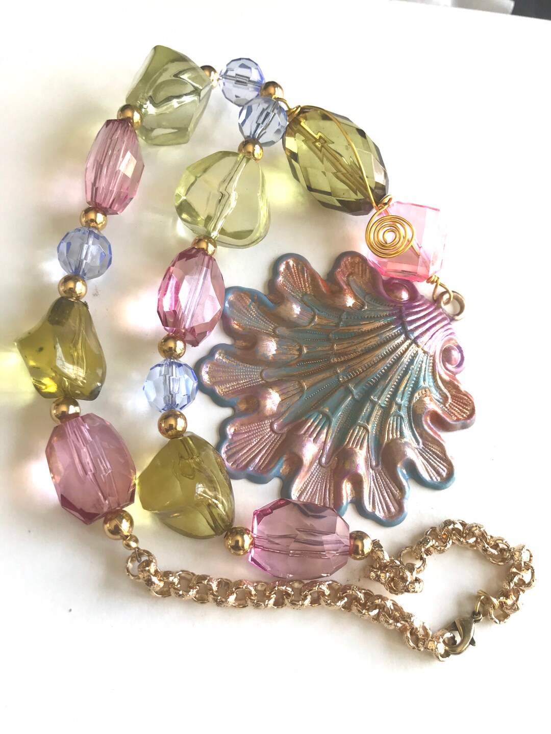 Chunky Pastel Seashell Statement Necklace Green Pink and Blue - Etsy
