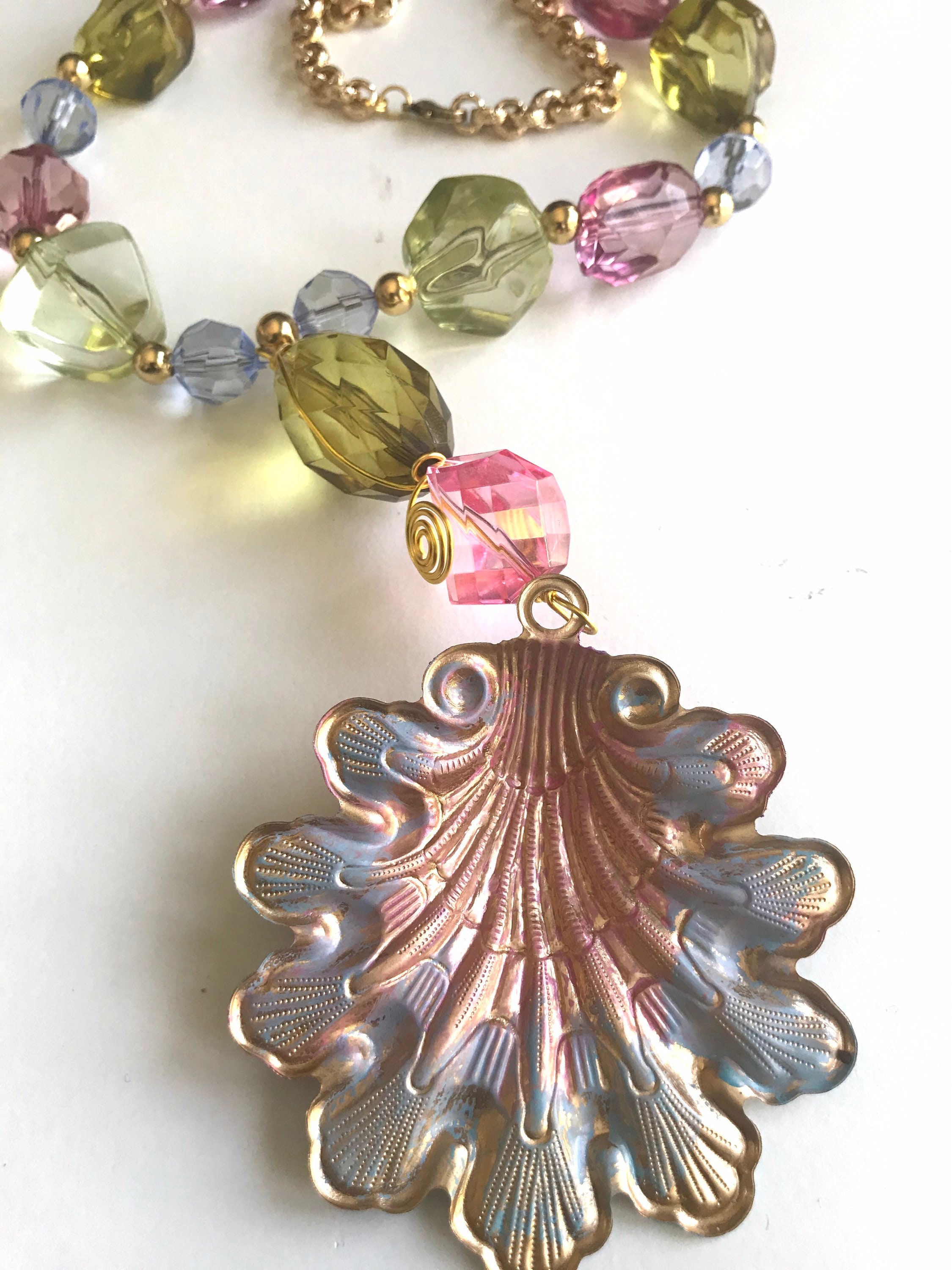Chunky Pastel Seashell Statement Necklace Green Pink and Blue - Etsy
