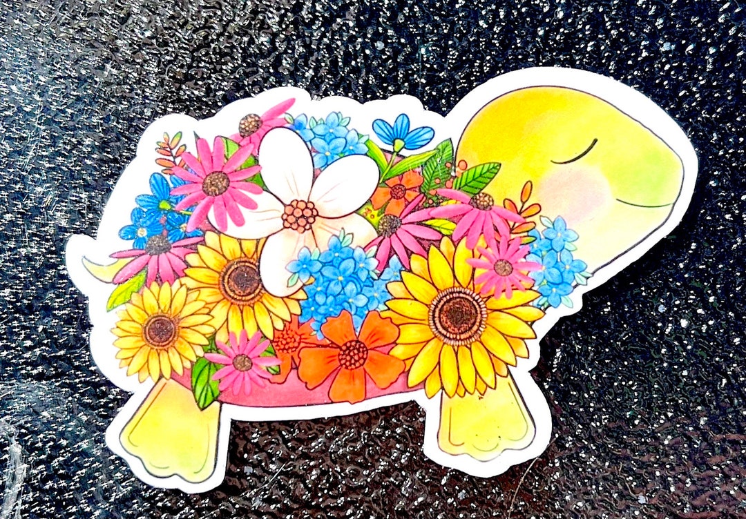 Cute Turtle Floral Vinyl Sticker, Turtle With Flowers Decal, Waterproof ...