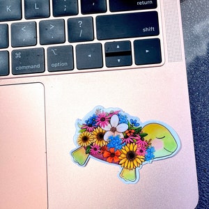 Cute Turtle Floral Vinyl Sticker, Turtle With Flowers Decal, Waterproof ...