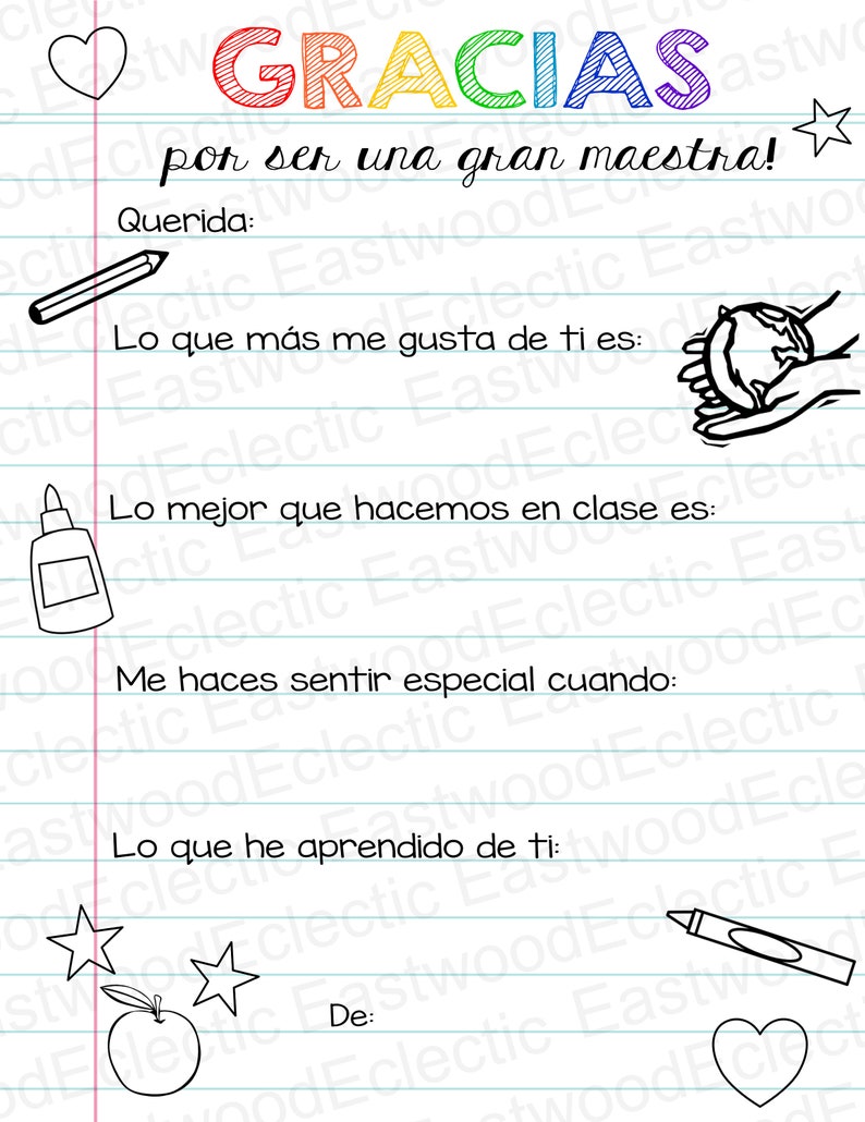 SPANISH Preschool/kindergarten Teacher Appreciation Note -- Fill-in-the ...