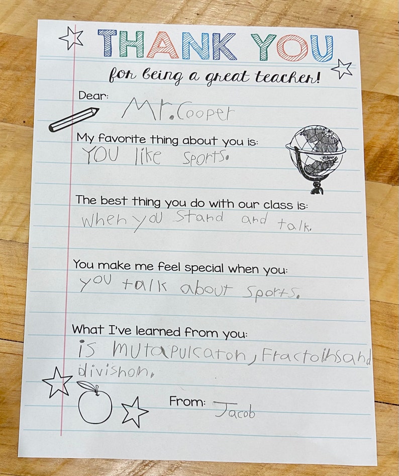 Teacher Appreciation Thank You Note Fill In The Blank Teacher