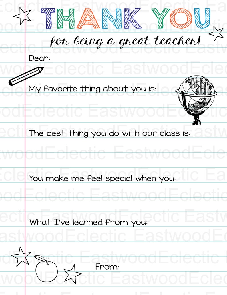 Teacher Appreciation Thank You Note -- Fill-in-the-blank -- Teacher ...