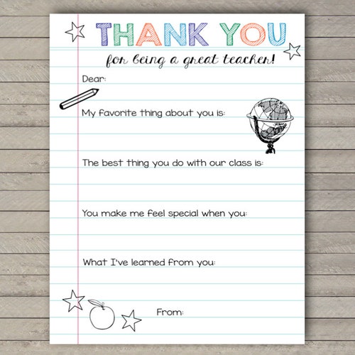 Teacher Appreciation Thank You Note Fill-in-the-blank - Etsy