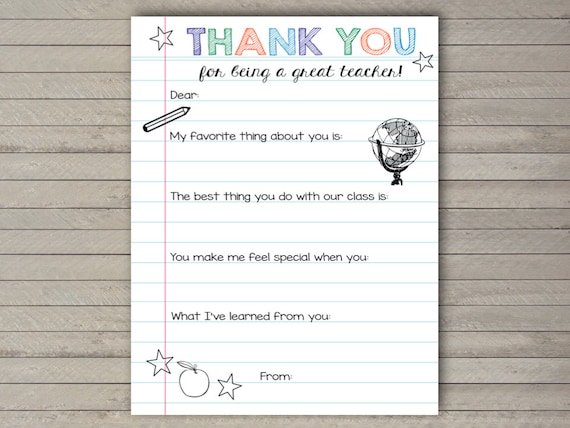Teacher Appreciation Thank You Note Fill-in-the-blank - Etsy