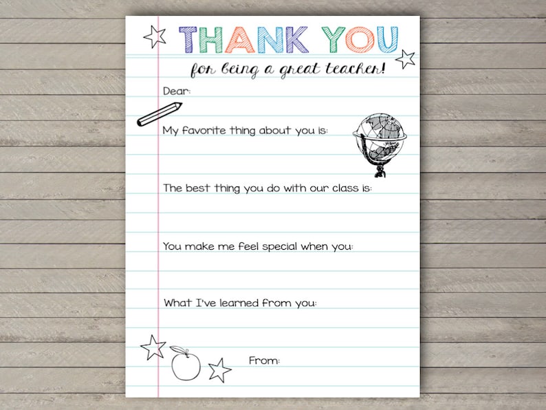 Teacher Appreciation Thank You Note -- Fill-in-the-blank -- Teacher ...