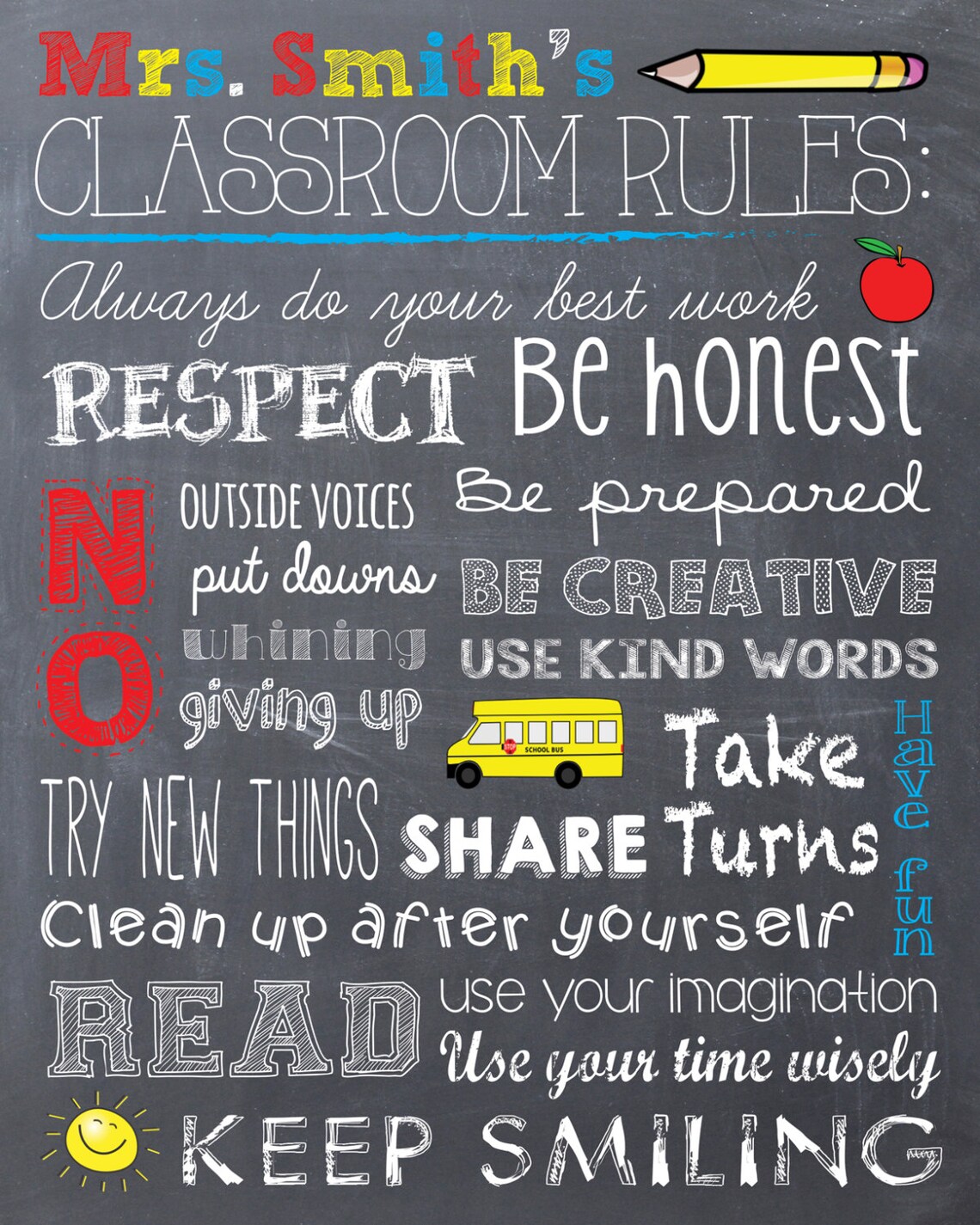 Classroom Rules -- Personalized -- Teacher Art -- Chalkboard-style ...