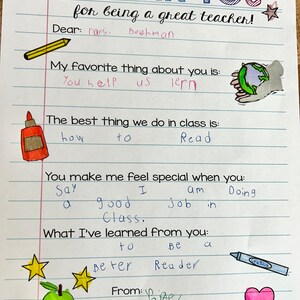 Preschool/kindergarten Teacher Appreciation Note -- Fill-in-the-blank ...