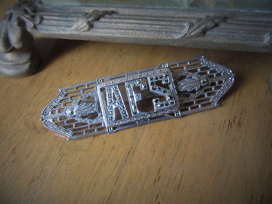 Art Deco Monogram Brooch/pin Rhodium With Marchasites - Etsy
