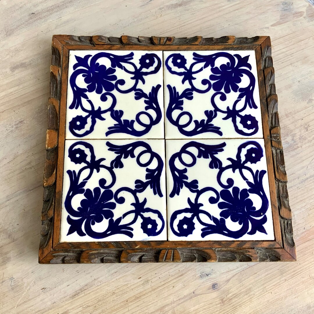 Four Tile Trivet Mexico Cobalt and White Carved Frame - Etsy