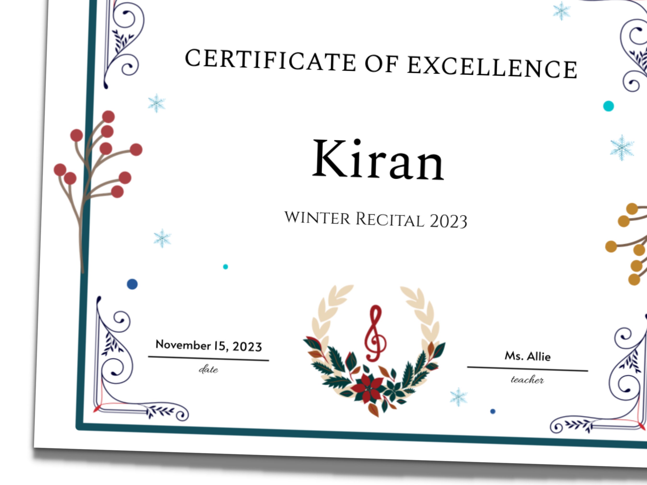 EDITABLE on Google Slides: Piano Music Winter Recital Certificate Gold ...
