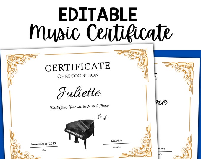 Music Recital Certificate EDITABLE Template for Piano Recital Music ...