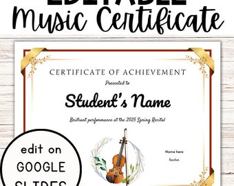 Music Recital Certificate EDITABLE Template for Piano Recital Music ...