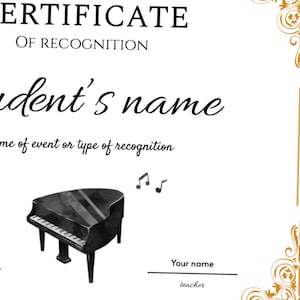 Music Recital Certificate EDITABLE Template for Piano Recital Music ...
