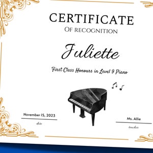Music Recital Certificate EDITABLE Template for Piano Recital Music ...