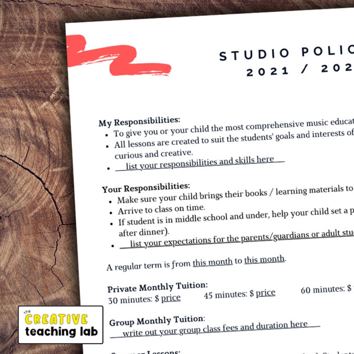 EDITABLE Music Studio Policy Template - Digital Printable - Etsy