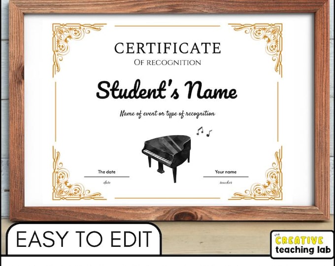 Music Recital Certificate EDITABLE Template for Piano Recital Music ...